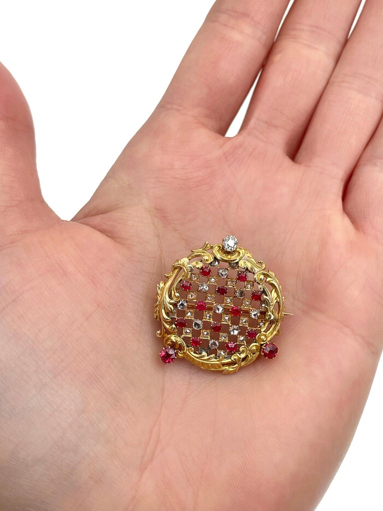 Victorian 18 Karat Gold Rose Cut Diamond Spinel Openwork Round Pin ...