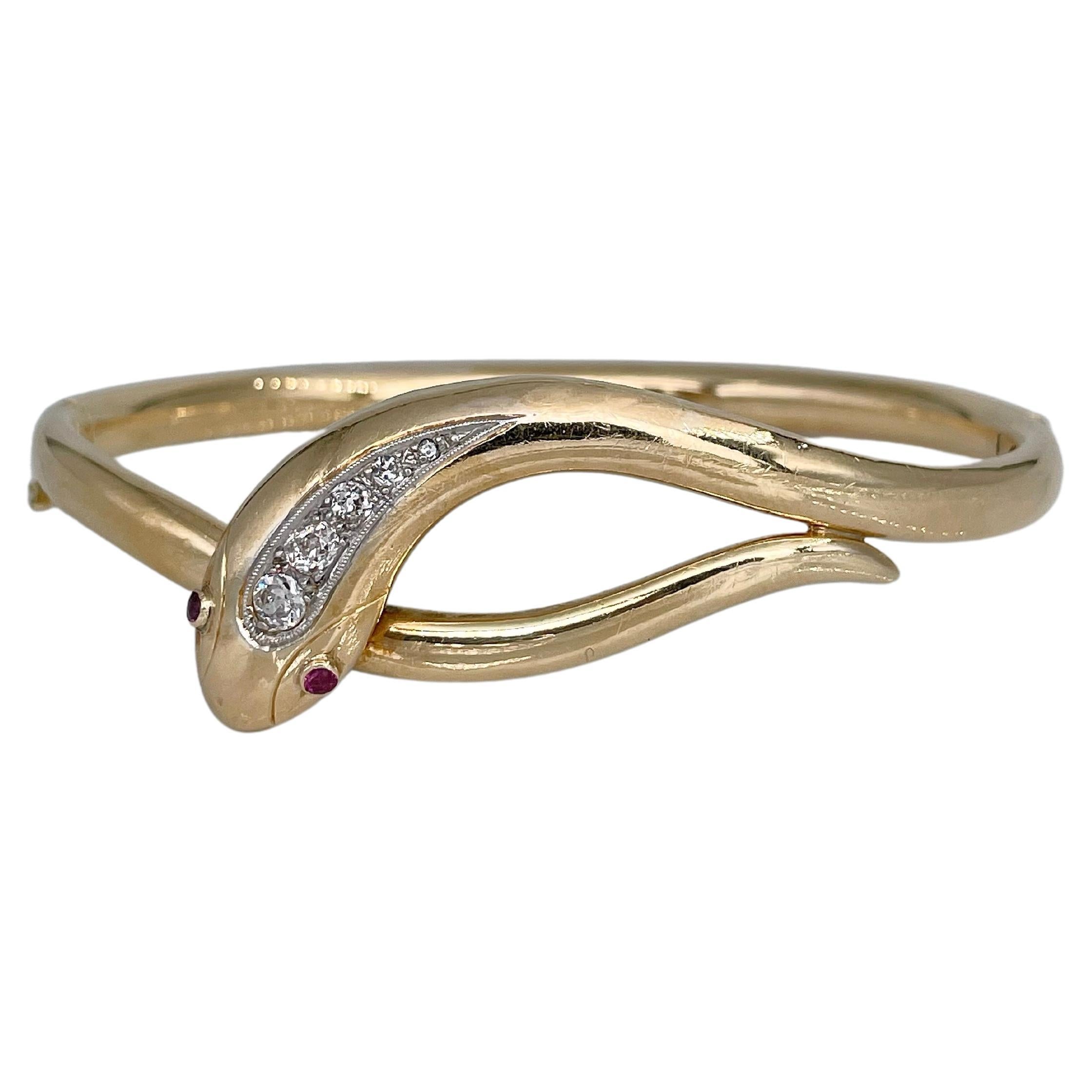 Victorian 14 Karat Gold 0.37 Carat Old Cut Diamond Snake Hinged Bangle ...