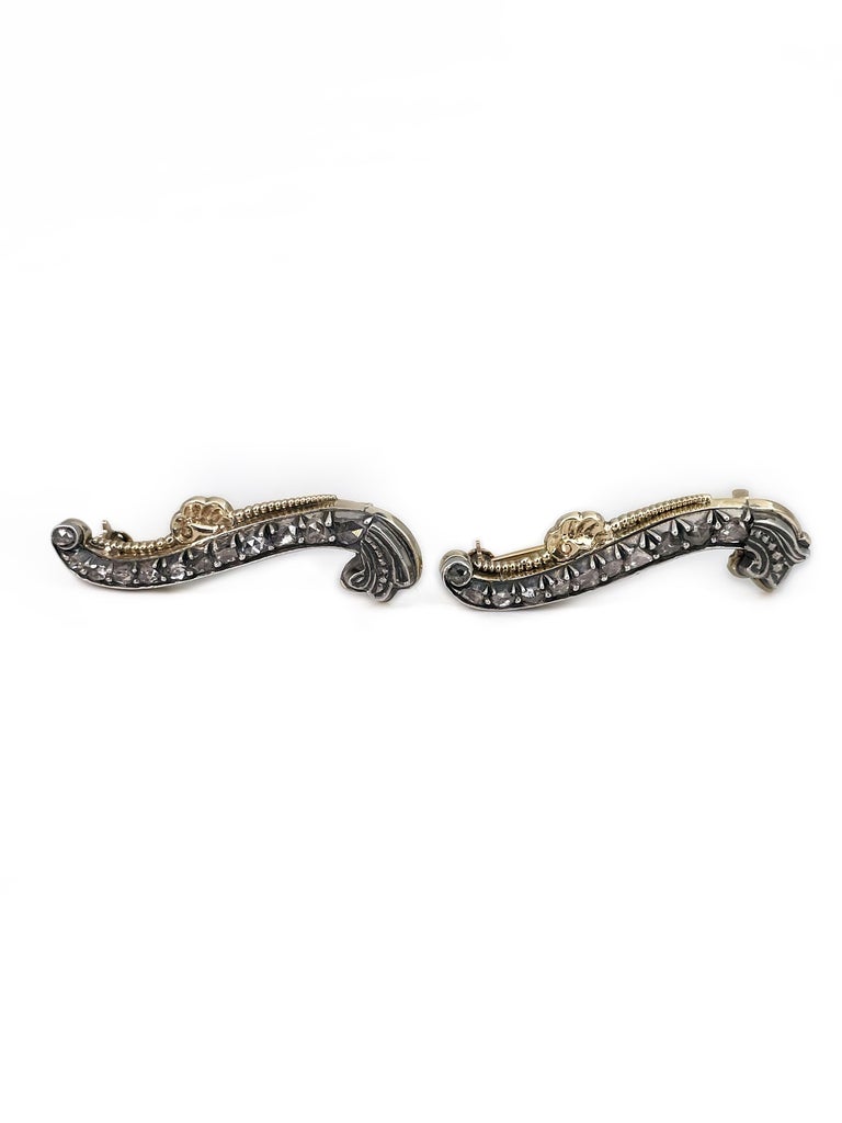 Victorian 18 Karat Gold Silver Rose Cut Diamond Swirl Twin Pin Brooches ...