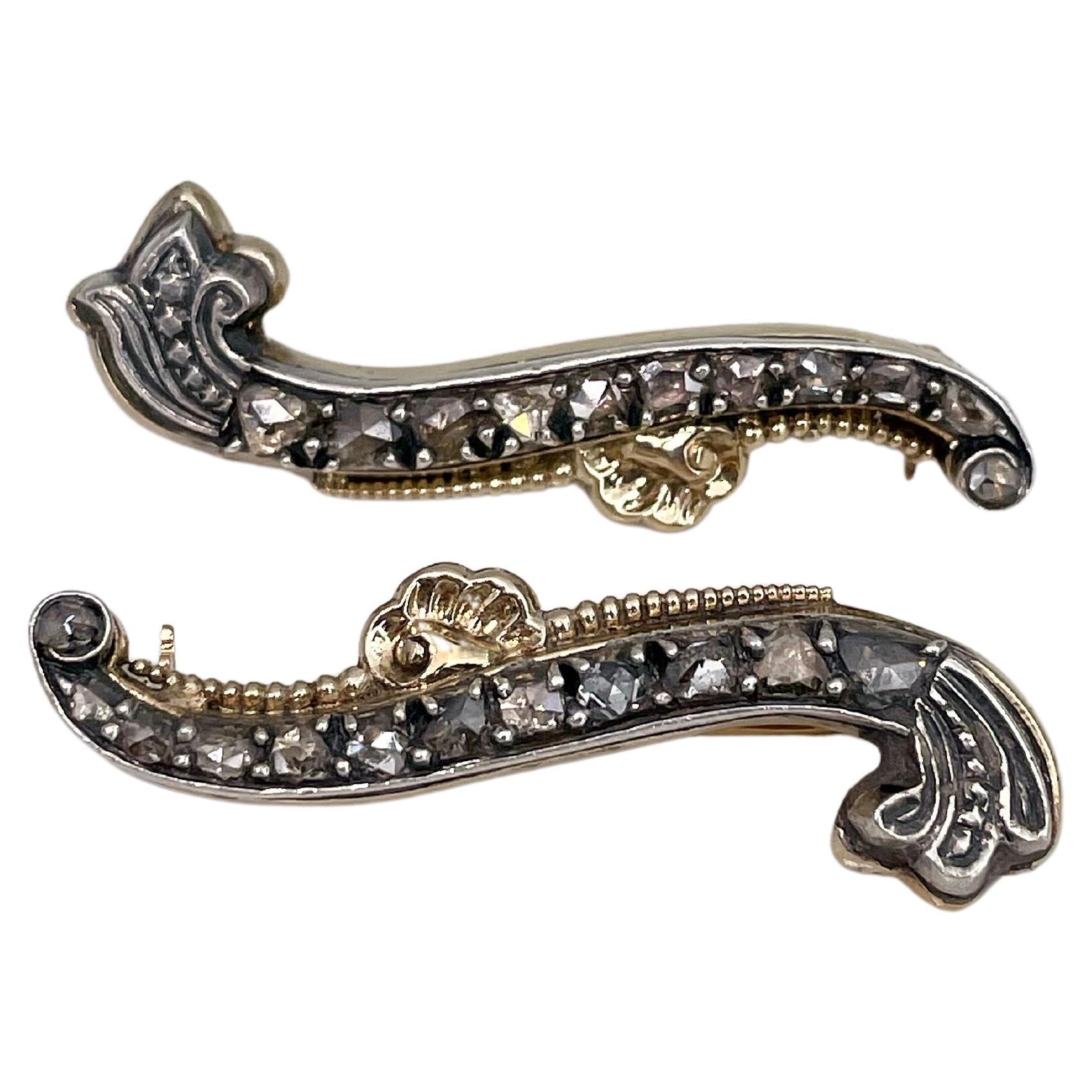 Antique 15 Karat Gold Georgian Diamond Swirl Pin Brooch with Chatalaine ...