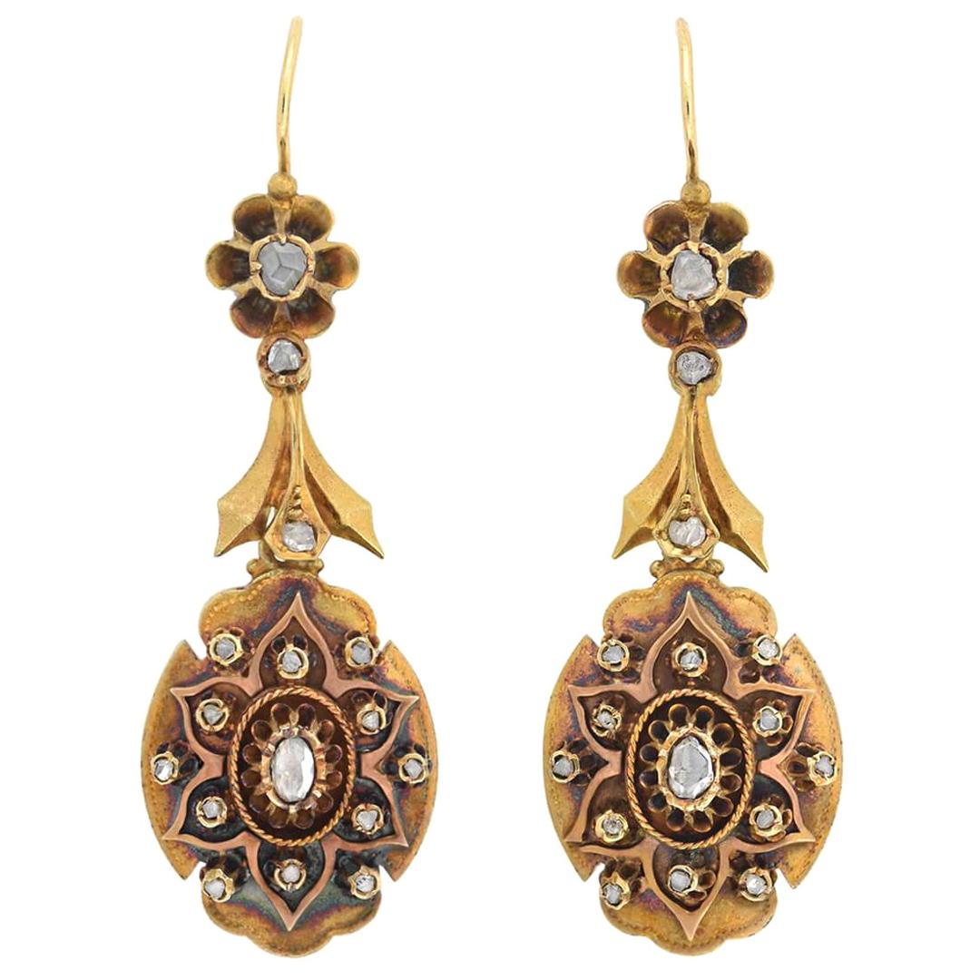 Estate Antique Victorian Style Ruby and Rose Cut Diamond Dangle Flower ...