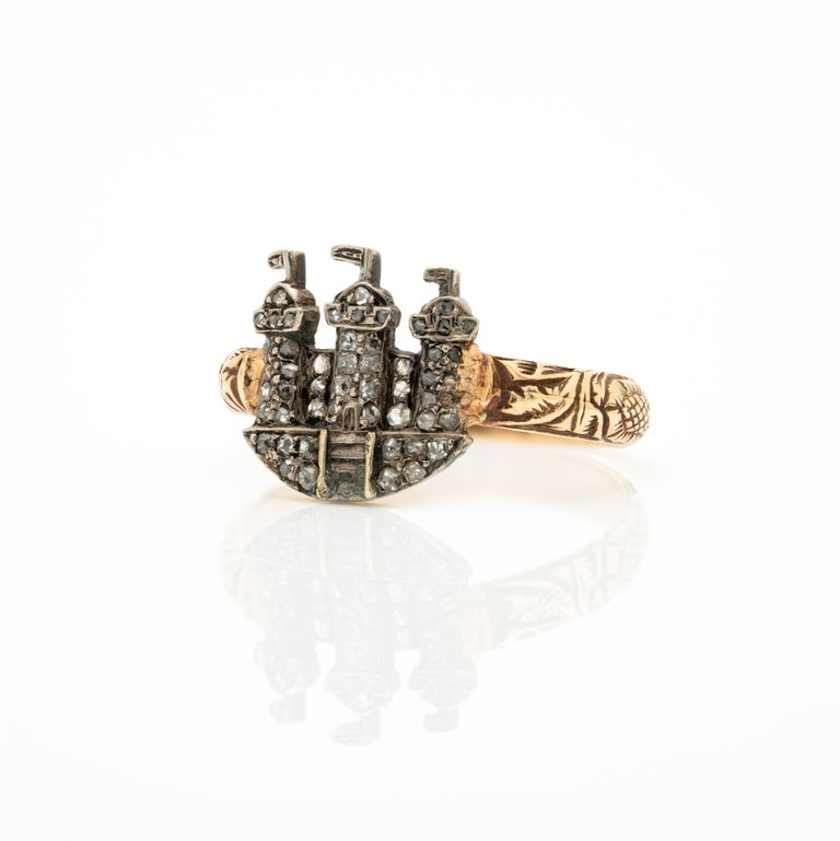 Victorian 18 Karat Yellow Gold and Silver Diamond Castle Ring, circa ...