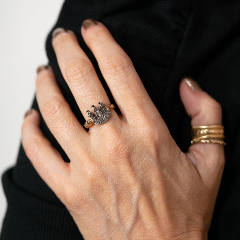 Victorian 18 Karat Yellow Gold and Silver Diamond Castle Ring, circa ...