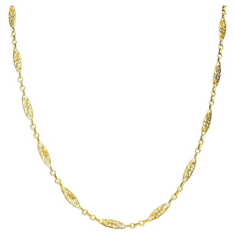 Collier Ancien à Maillons En Or Jaune 18 Carats Avec Navette Milgrain