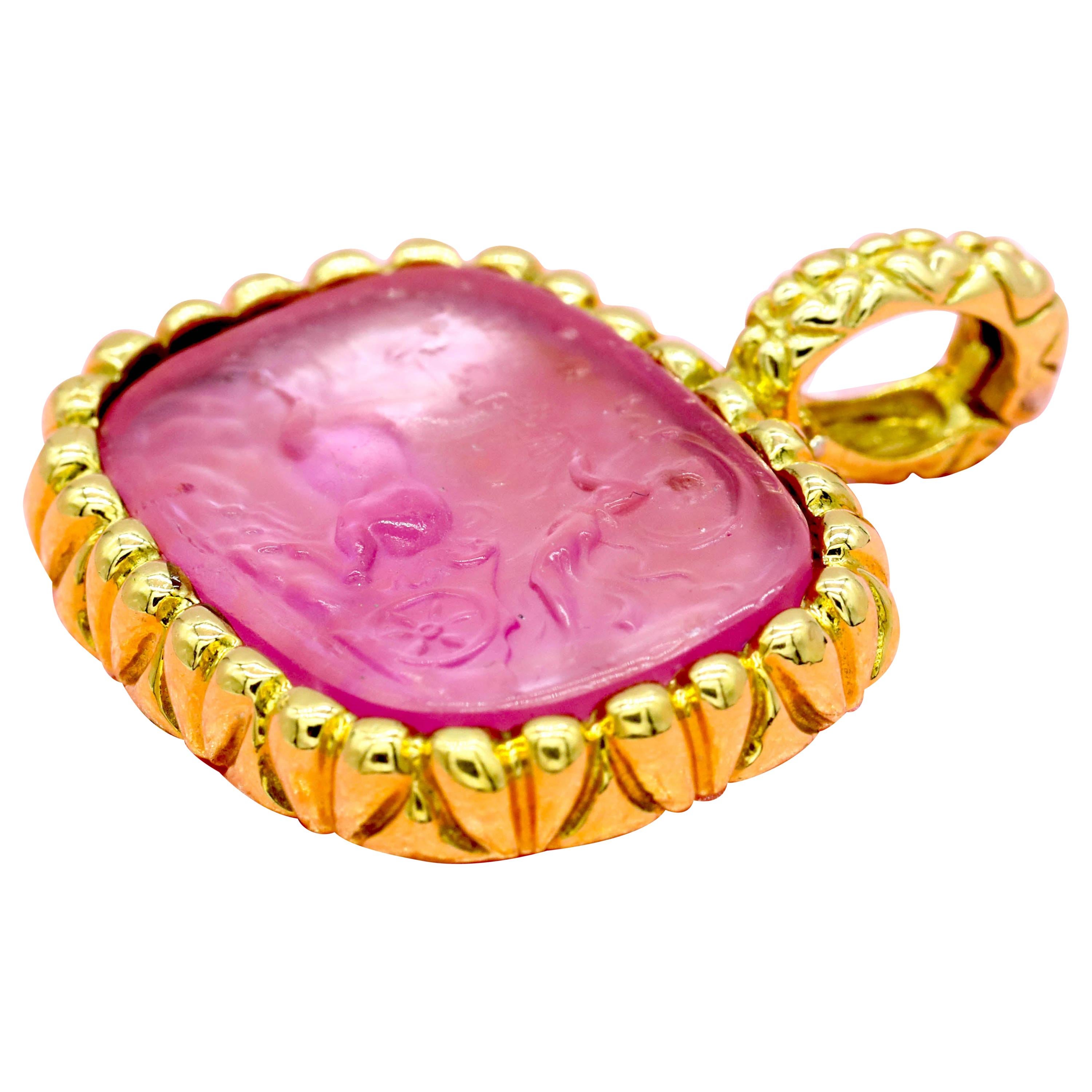 14 Karat Gold New Victorian Pink Italian Murano Glass Carved Intaglio ...