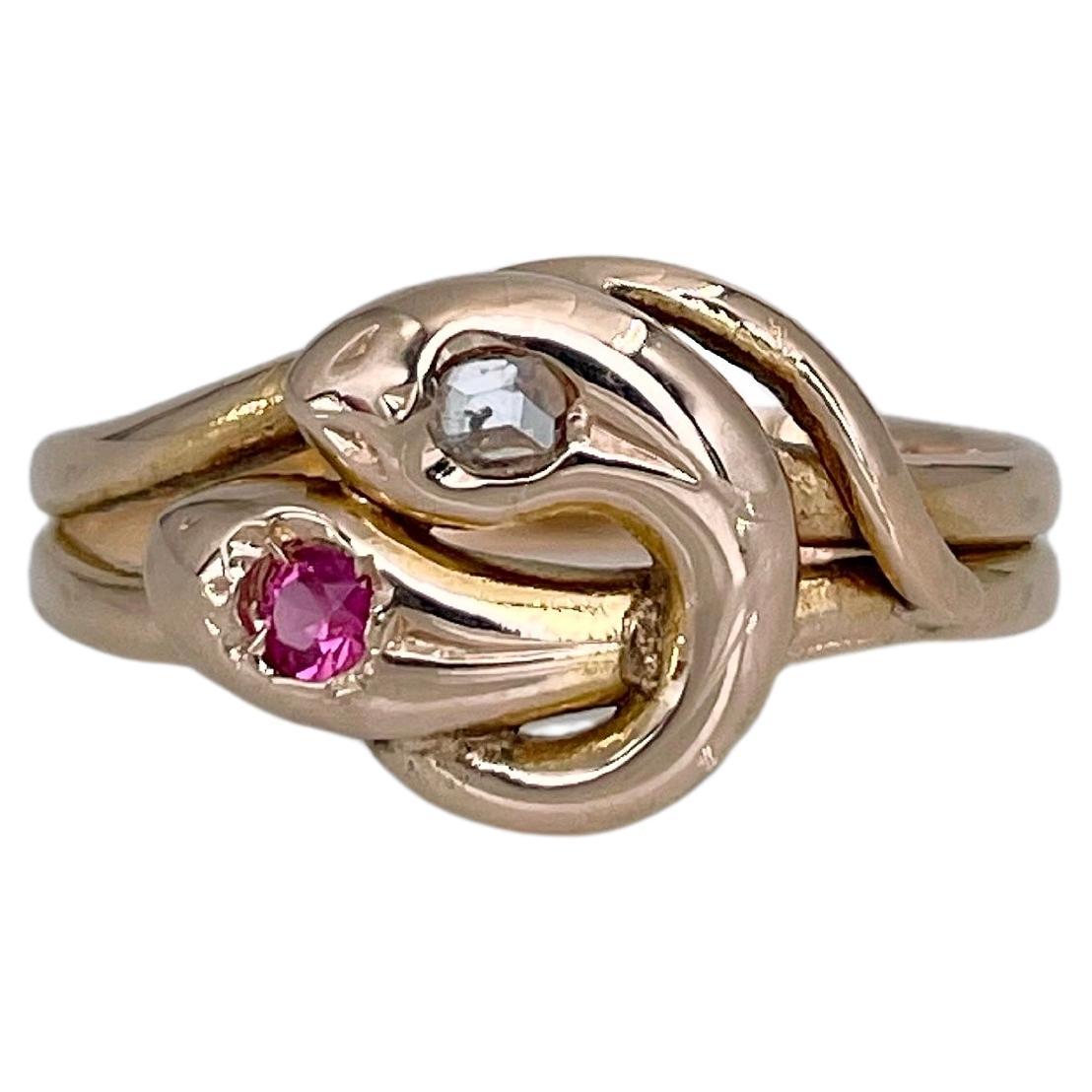 Victorian 18 Karat Yellow Gold Rose Cut Diamond Double Snake Ring For Sale at 1stDibs