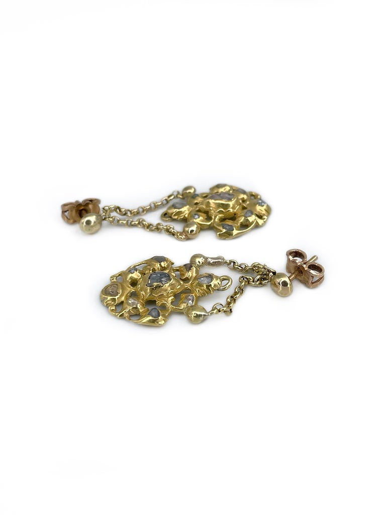Victorian 18 Karat Yellow Gold Rose Cut Diamond Drop Stud Earrings For ...