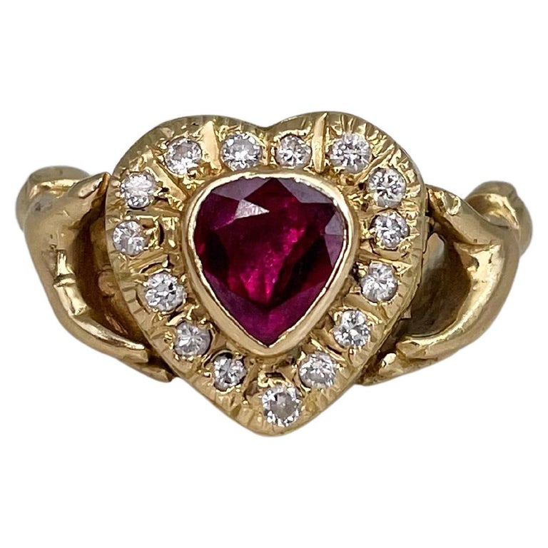 Victorian 18 Karat Yellow Gold Ruby Diamond Claddagh Locket Ring For ...
