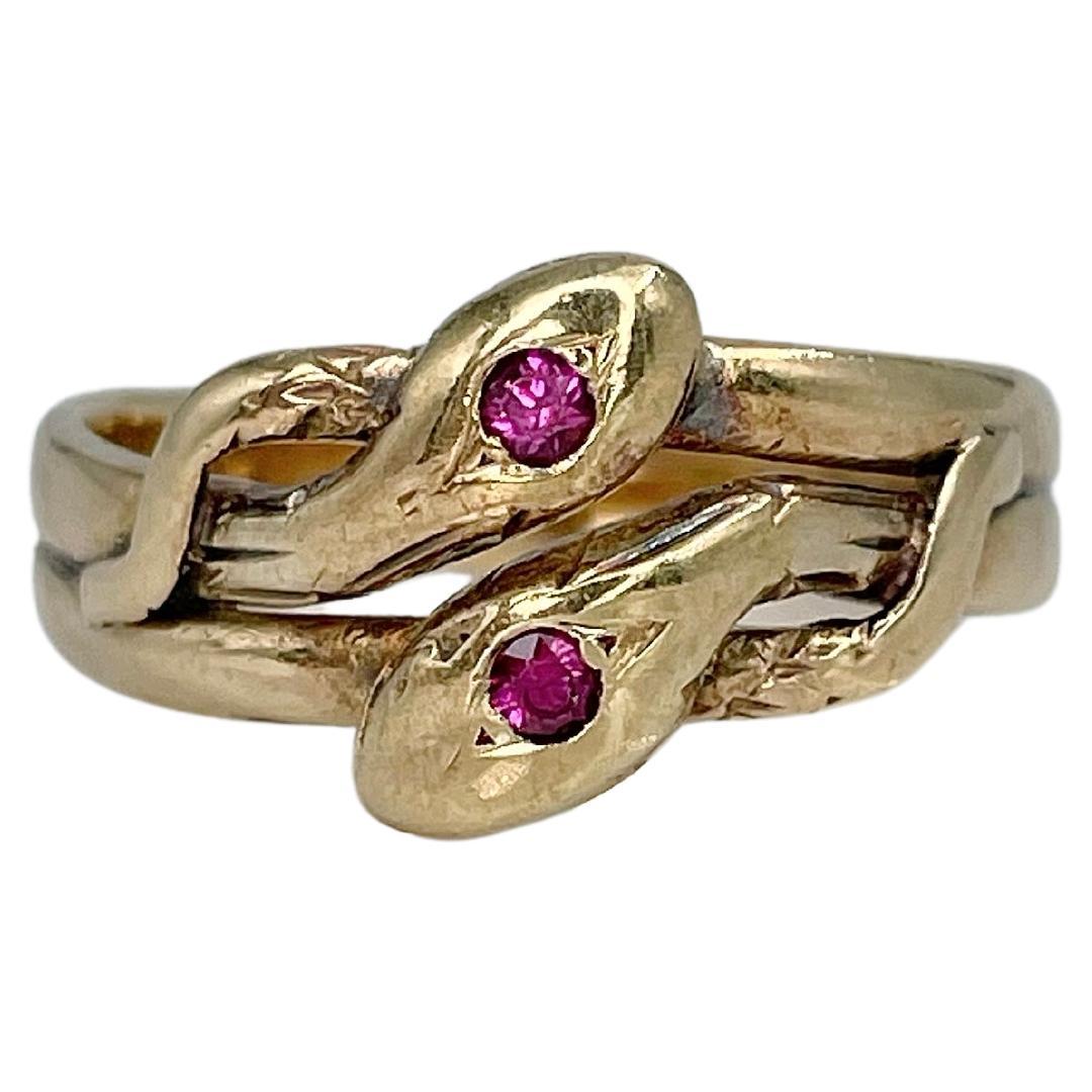 Victorian 18 Karat Yellow Gold Ruby Double Snake Ring For Sale at 1stDibs