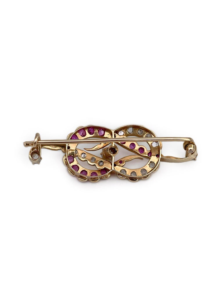 Victorian 18 Karat Yellow Gold Ruby Old Cut Diamond Knot Pin Brooch For ...