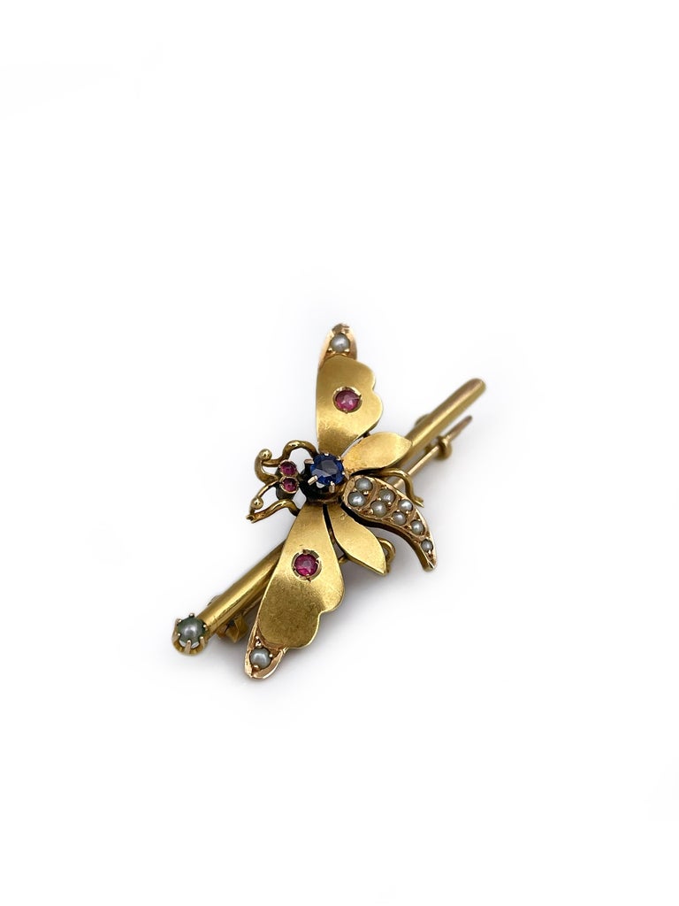 Victorian 18 Karat Yellow Gold Seed Pearl Blue Red Paste Butterfly Bar ...