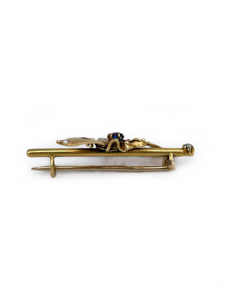 Victorian 18 Karat Yellow Gold Seed Pearl Blue Red Paste Butterfly Bar ...