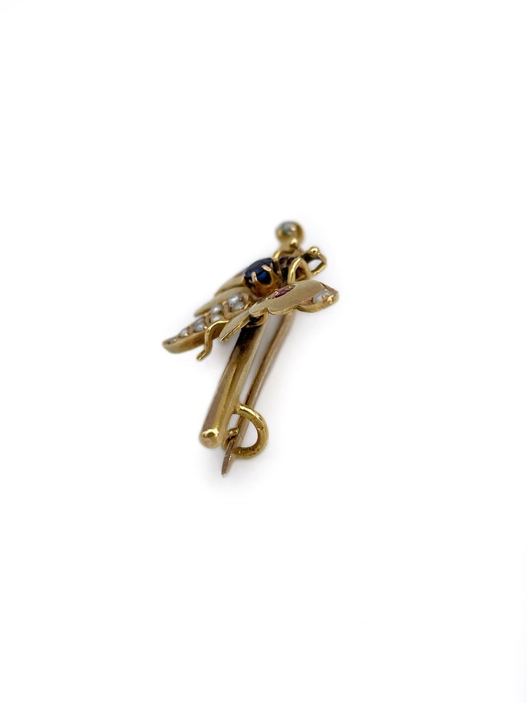 Victorian 18 Karat Yellow Gold Seed Pearl Blue Red Paste Butterfly Bar ...