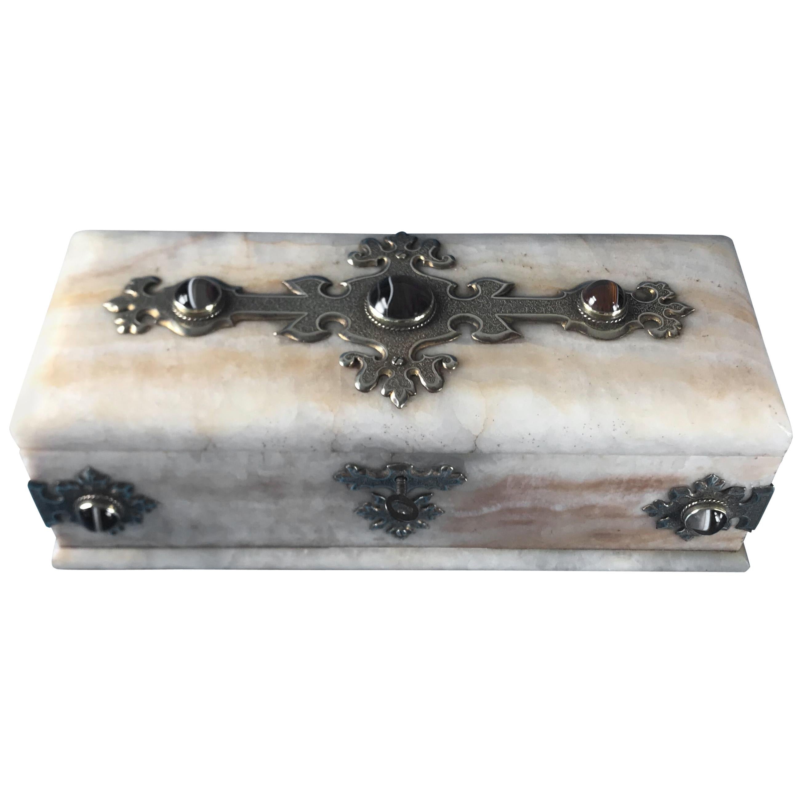 Victorian 1850 Agate and Brass Bound Alabaster Stationary Box For Sale ...