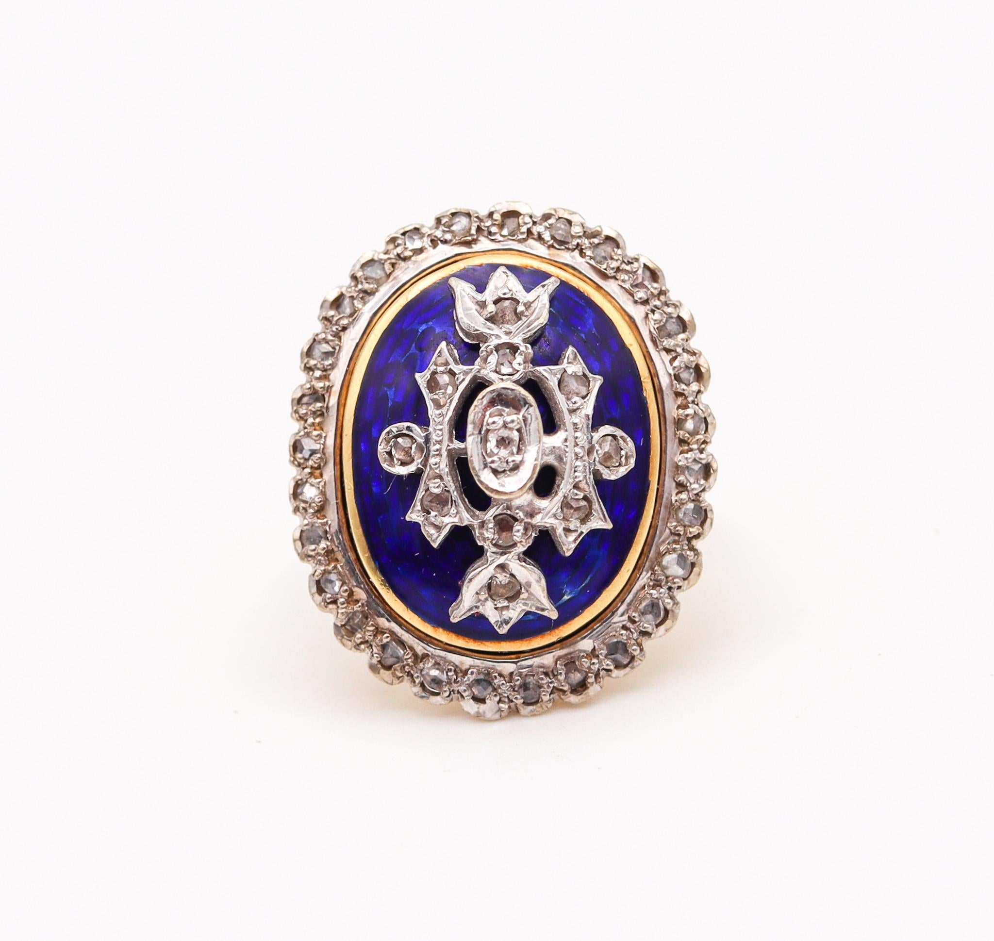 Victorian 1870 Guilloche Enamel Crest Ring in 18Kt Yellow Gold 1.17 Ctw ...