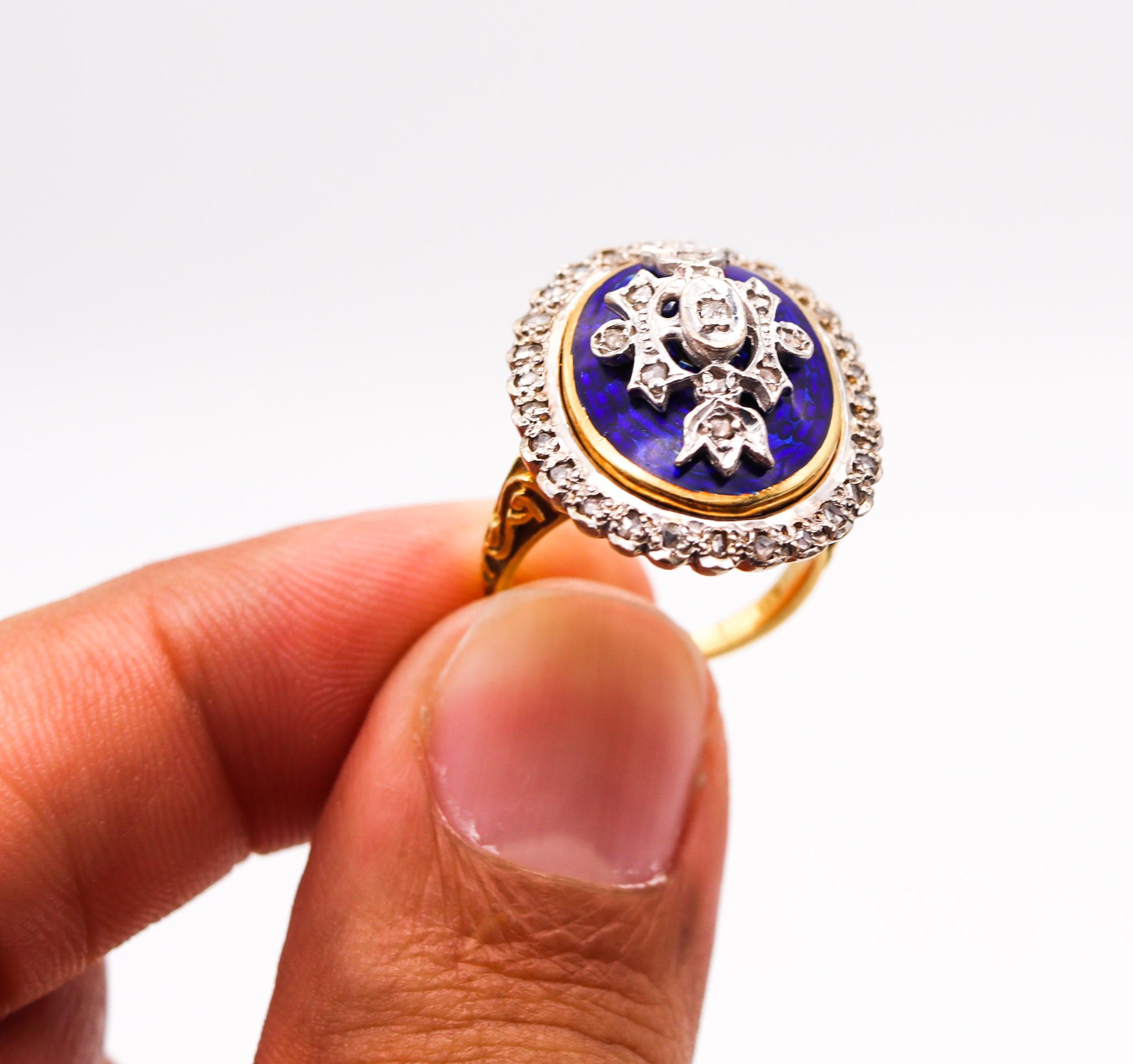 Victorian 1870 Guilloche Enamel Crest Ring in 18Kt Yellow Gold 1.17 Ctw ...
