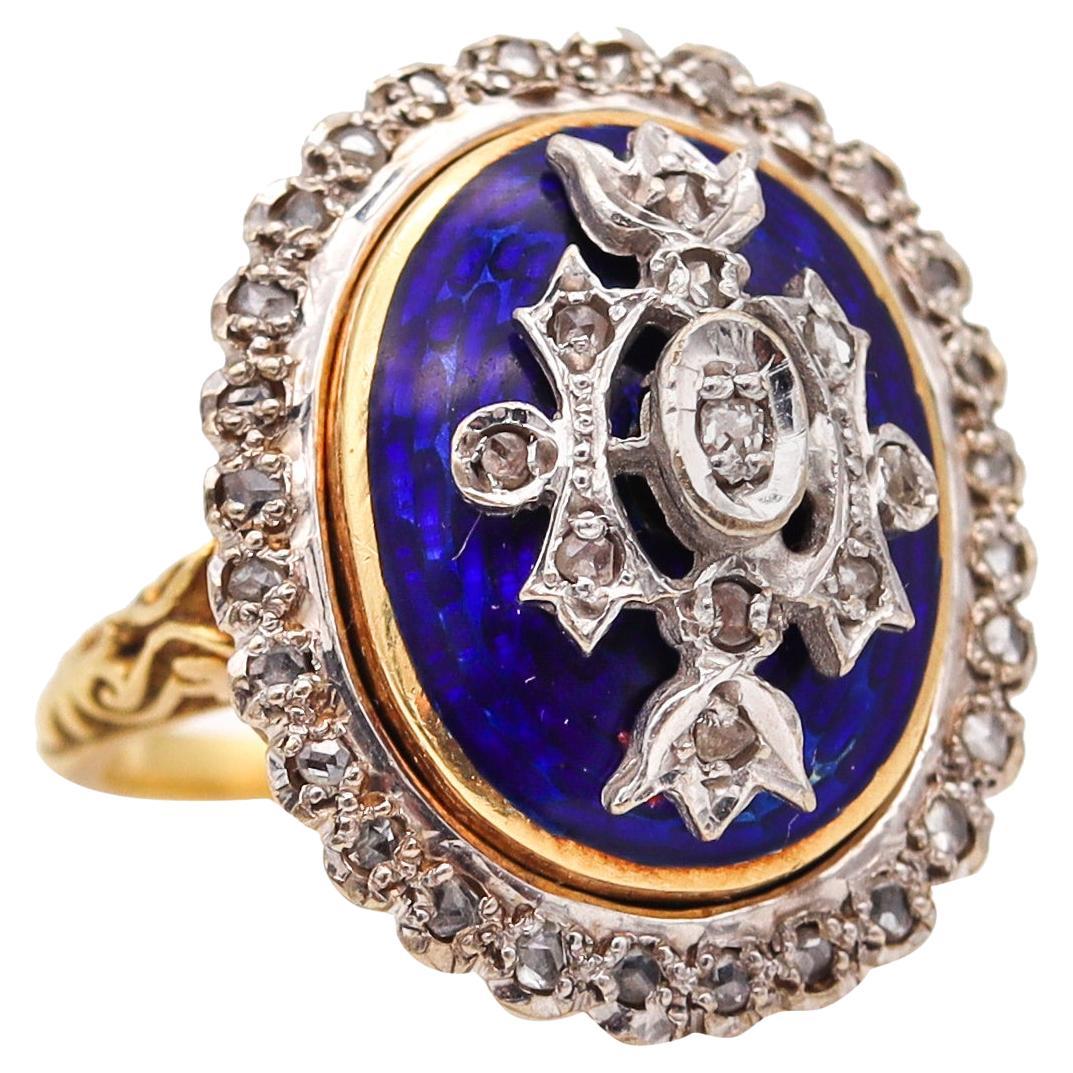 Victorian 1870 Guilloche Enamel Crest Ring in 18Kt Yellow Gold 1.17 Ctw ...