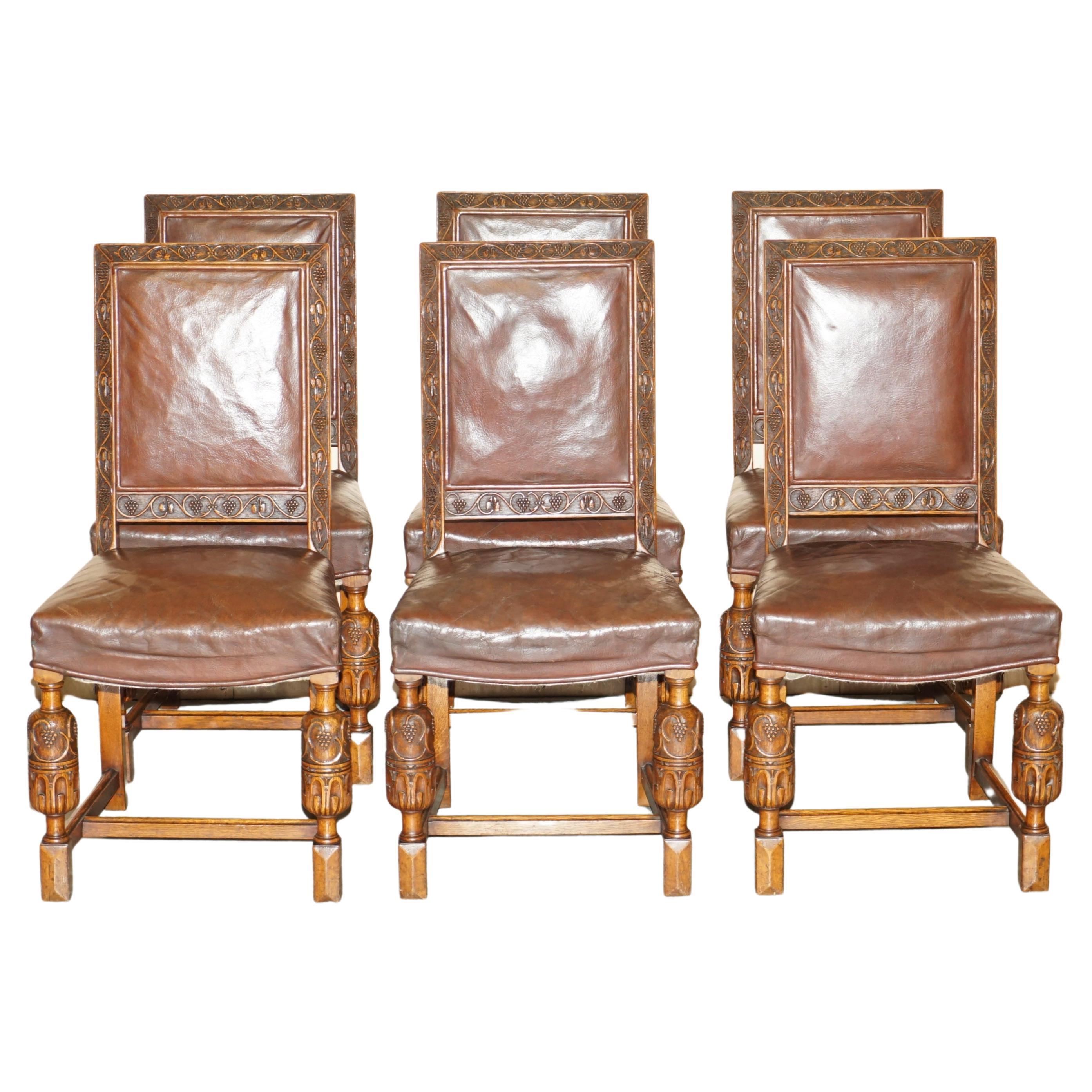 Victorian 1880 Brown Leather Dining Chairs Grape Vine Vineyard Carved ...