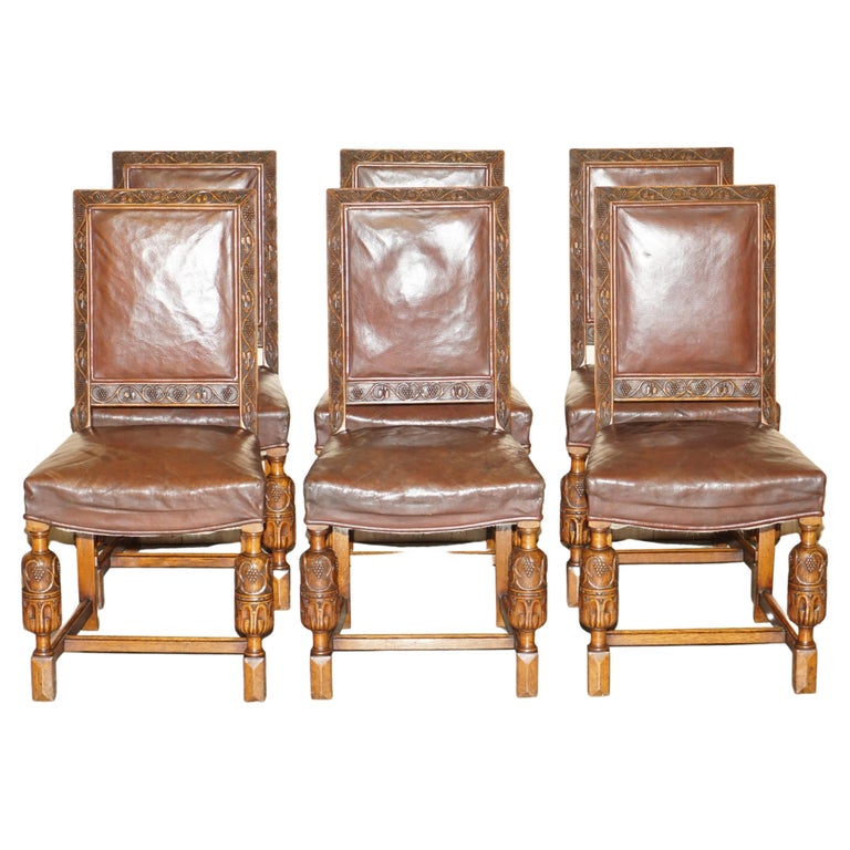 Victorian 1880 Brown Leather Dining Chairs Grape Vine Vineyard Carved ...