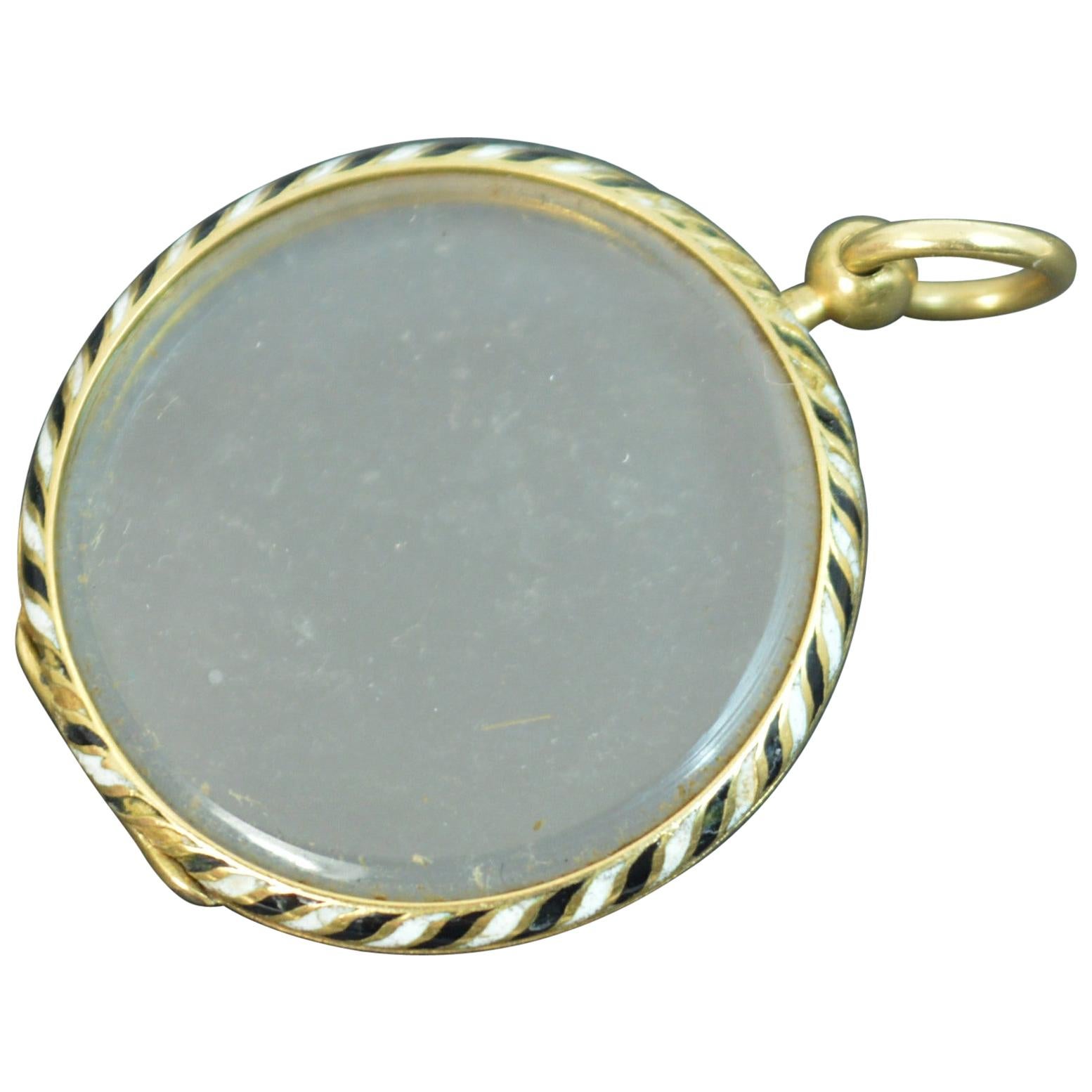 Victorian 18 Carat Gold Black and White Enamel Locket Pendant at 1stDibs