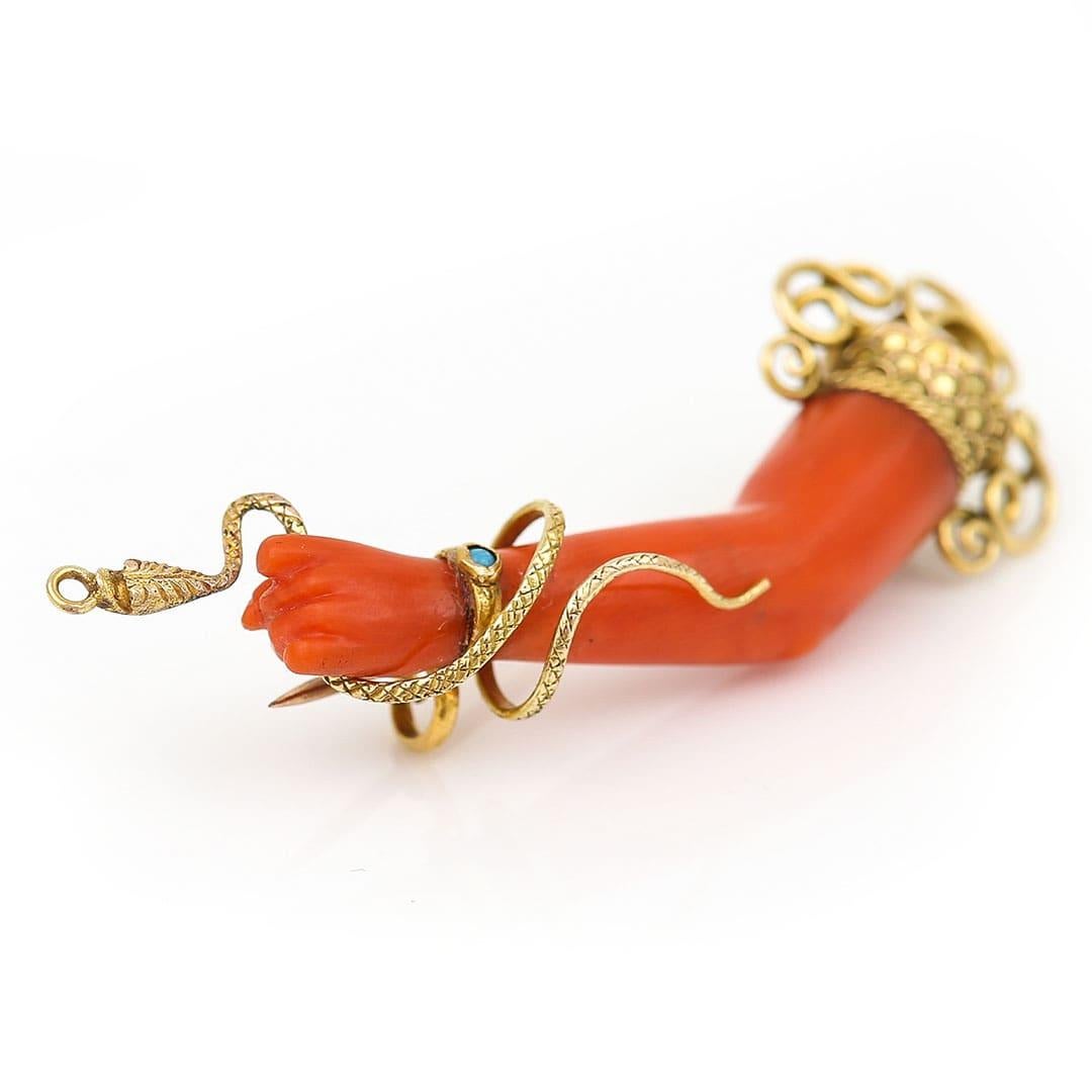 Victorian 18ct Gold Coral and Turquoise Figa Hand Brooch Circa 1860 at ...