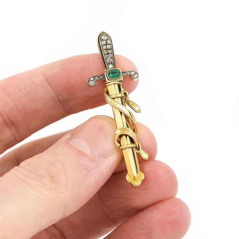 Victorian 18ct Gold Emerald, Diamond and Black Enamel Sword Brooch at ...