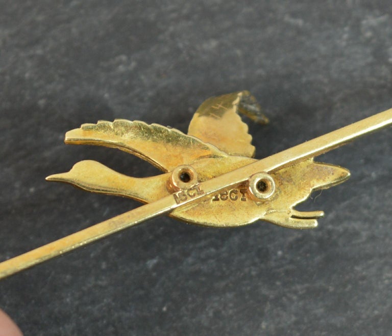 Victorian 18 Carat Gold and Enamel Duck Tri-Color Bar Brooch at 1stDibs