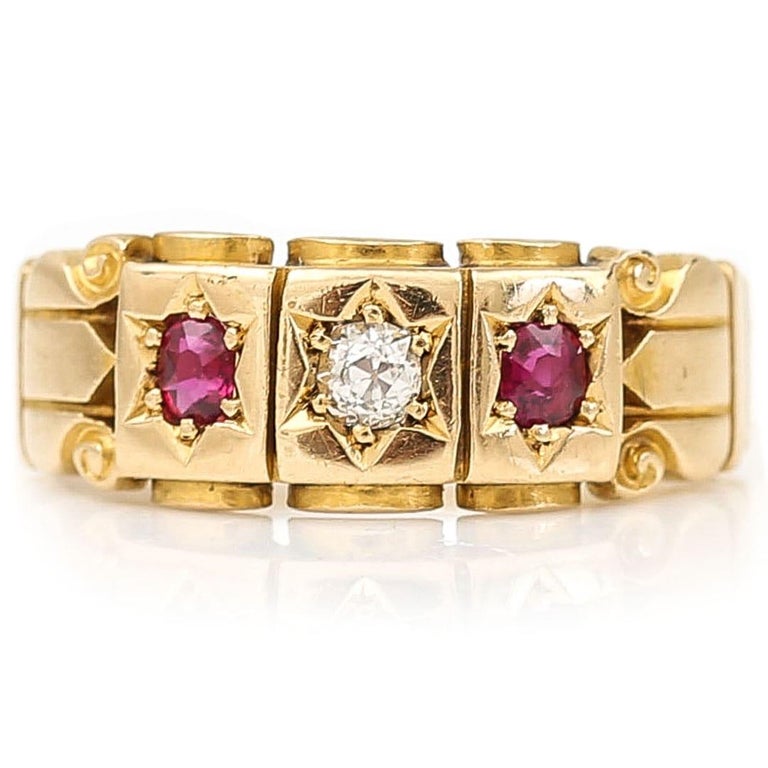 Victorian 18 Carat Gold Ruby and Old Mine Cut Diamond Gypsy Ring, circa ...