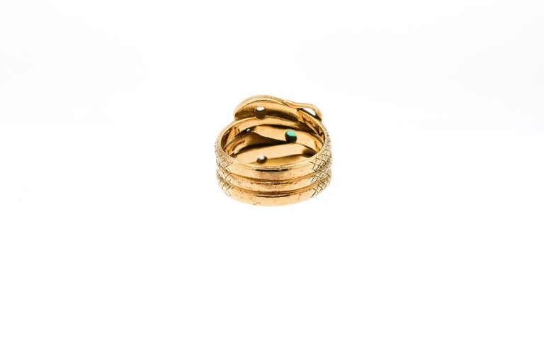 Victorian 18 Karat Gold Diamond Emerald Engraved Triple Snake Ring at ...