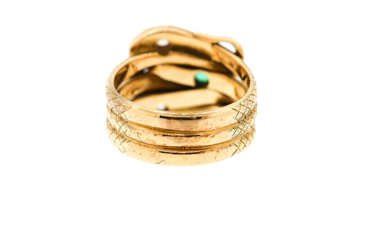 Victorian 18 Karat Gold Diamond Emerald Engraved Triple Snake Ring at ...