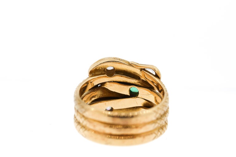 Victorian 18 Karat Gold Diamond Emerald Engraved Triple Snake Ring at ...