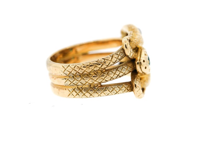 Victorian 18 Karat Gold Diamond Emerald Engraved Triple Snake Ring at ...