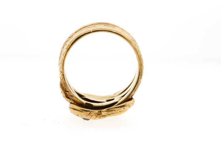 Victorian 18 Karat Gold Diamond Emerald Engraved Triple Snake Ring at ...