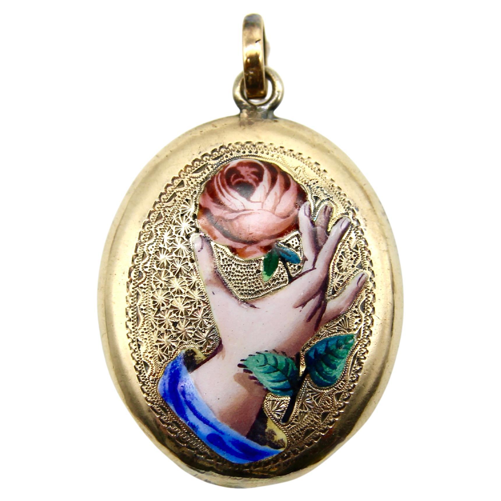 Victorian 18K Gold Hand-Painted Enamel Hand with Rose Locket For Sale ...