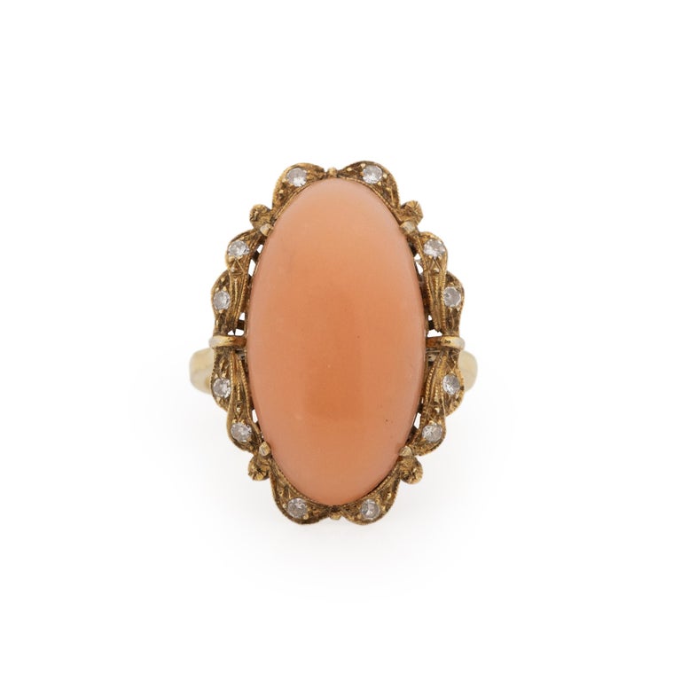 Victorian 18K Yellow Gold Angel Skin Coral Statement Ring with ...