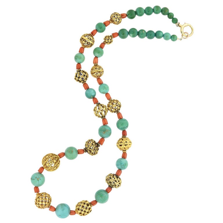 Victorian 18kt, Coral, and Turquoise Beaded Compilation Necklace at 1stDibs
