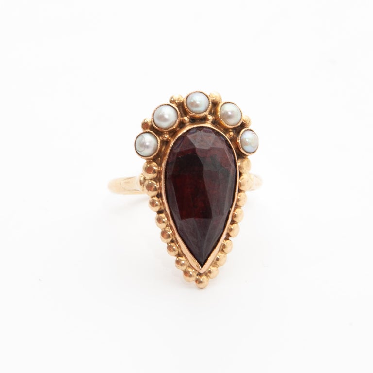 Dutch 14 Karat Yellow Gold Garnet Pearl Ring at 1stDibs | 14k gold ...