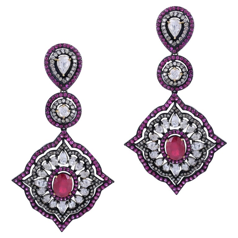 Victorian 19.2 Cttw. Ruby, Sapphire and Diamond Drop Earrings in 18k ...