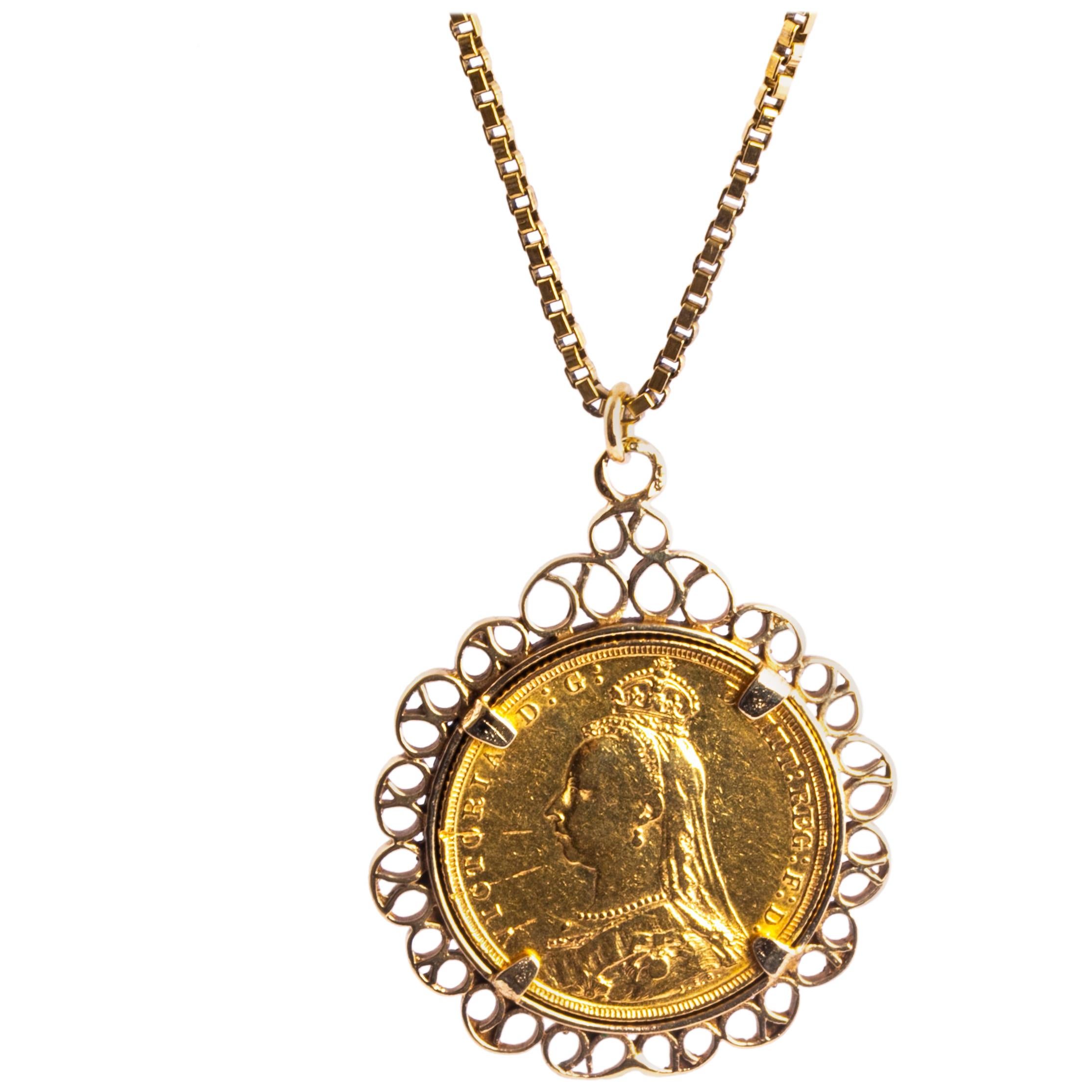 Victorian 22 Carat Gold Sovereign and Box Link Chain Necklace at 1stDibs