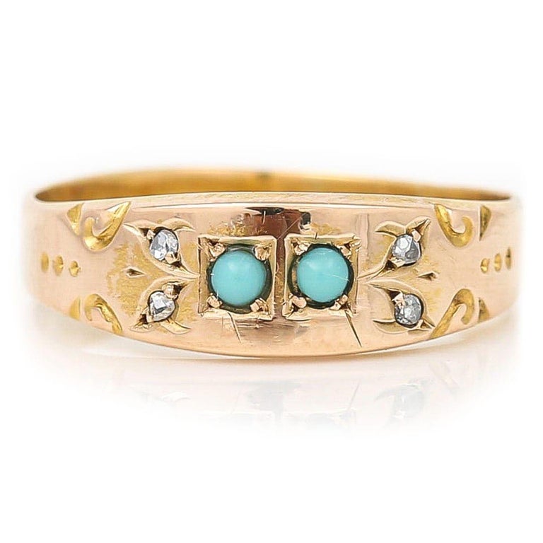 Victorian 22ct Gold Turquoise and Diamond Gypsy Ring, Circa 1849 at 1stDibs