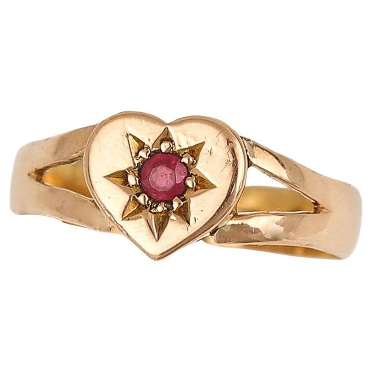 Victorian 22ct Yellow Gold Ruby Heart Signet Ring, Circa 1879 at 1stDibs