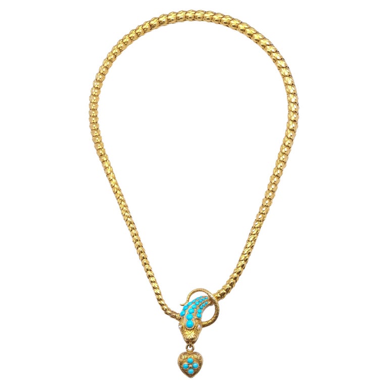 Victorian 22kt yellow gold snake necklace with memento hair plaite ...