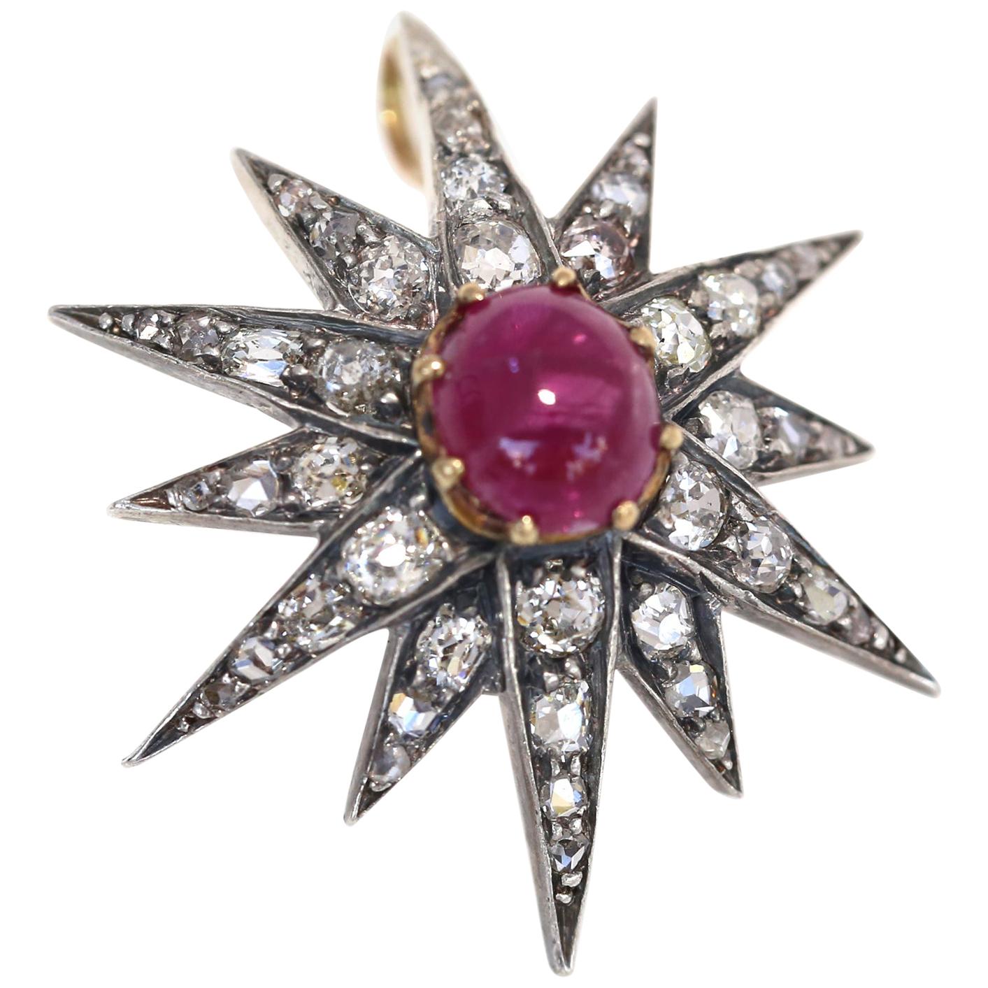 Antique Victorian Star Pendant Brooch Ruby Diamond Gold, circa 1900 For ...