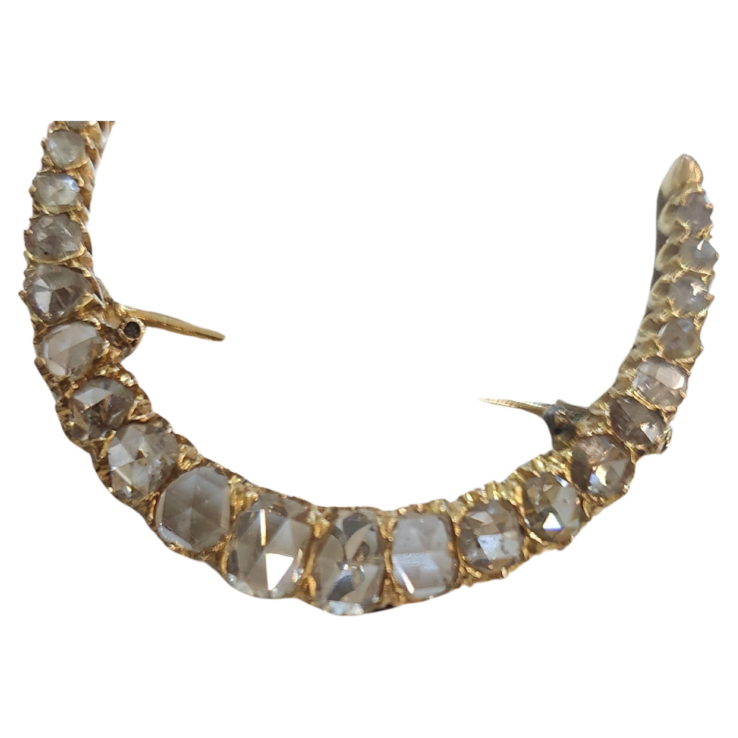 Victorian 3 Carat Rose Cut Diamond Crescent Gold Brooch For Sale at 1stDibs