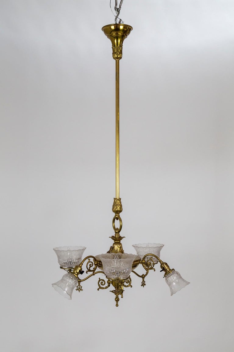 Victorian 6-Light Brass Chandelier w/ Etched Glass Shades 'Gas and ...
