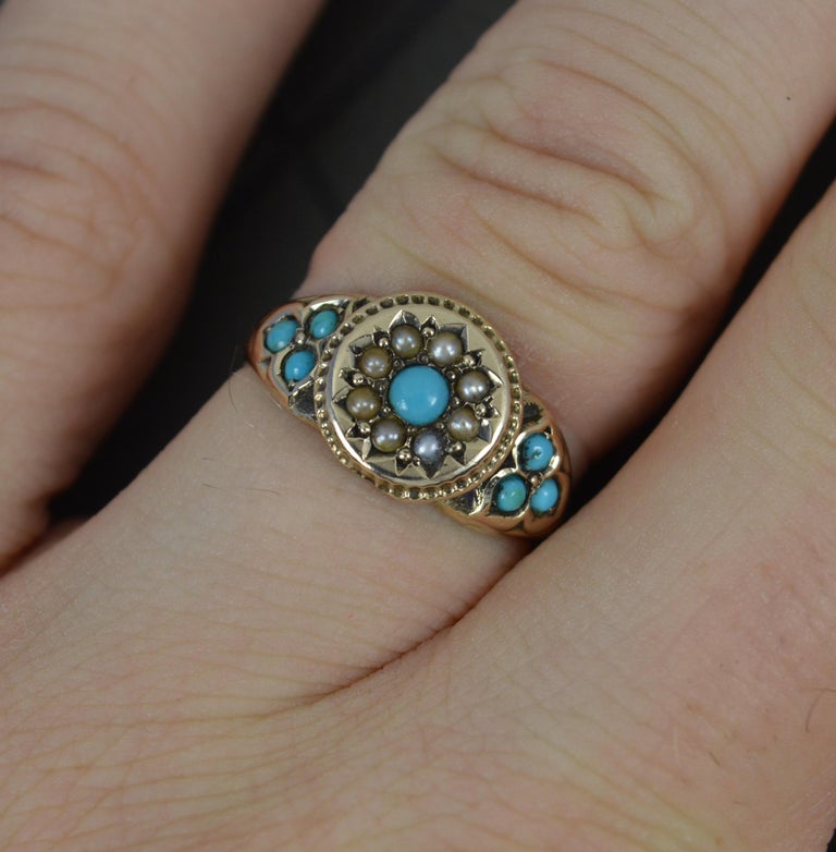 Victorian 9 Carat Gold Turquoise and Seed Pearl Cluster Ring For Sale ...