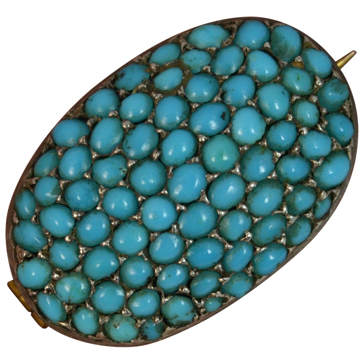 Victorian 9 Carat Yellow Gold and Turquoise Bombe Cluster Brooch at 1stDibs