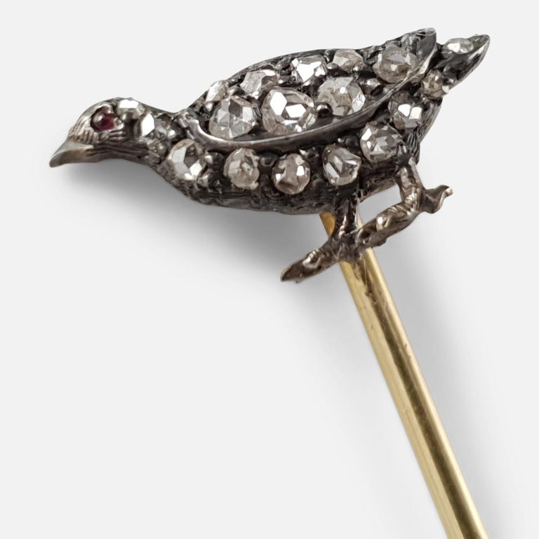 Victorian 9 Karat Gold, Silver, Diamond and Ruby Partridge Stick Pin ...