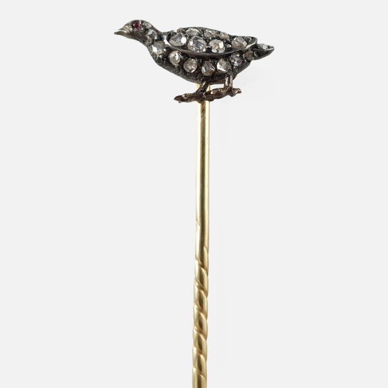 Victorian 9 Karat Gold, Silver, Diamond and Ruby Partridge Stick Pin ...