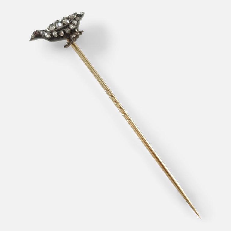 Victorian 9 Karat Gold, Silver, Diamond and Ruby Partridge Stick Pin ...